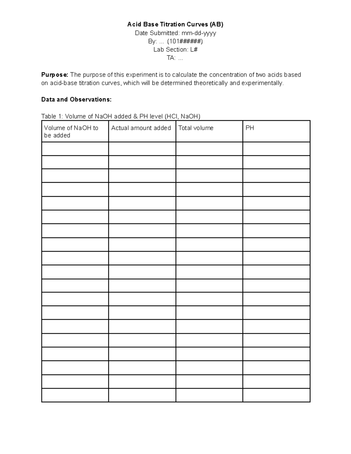 AB Pre Lab - Pre lab for Acid Base Titrations - Acid Base Titration ...
