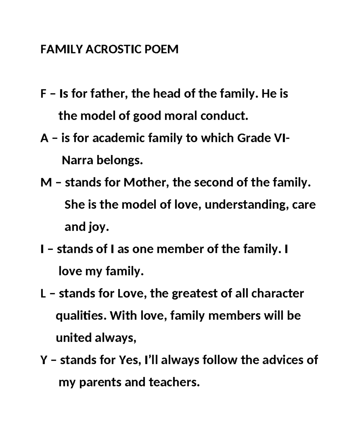Family Acrostic Poem Template