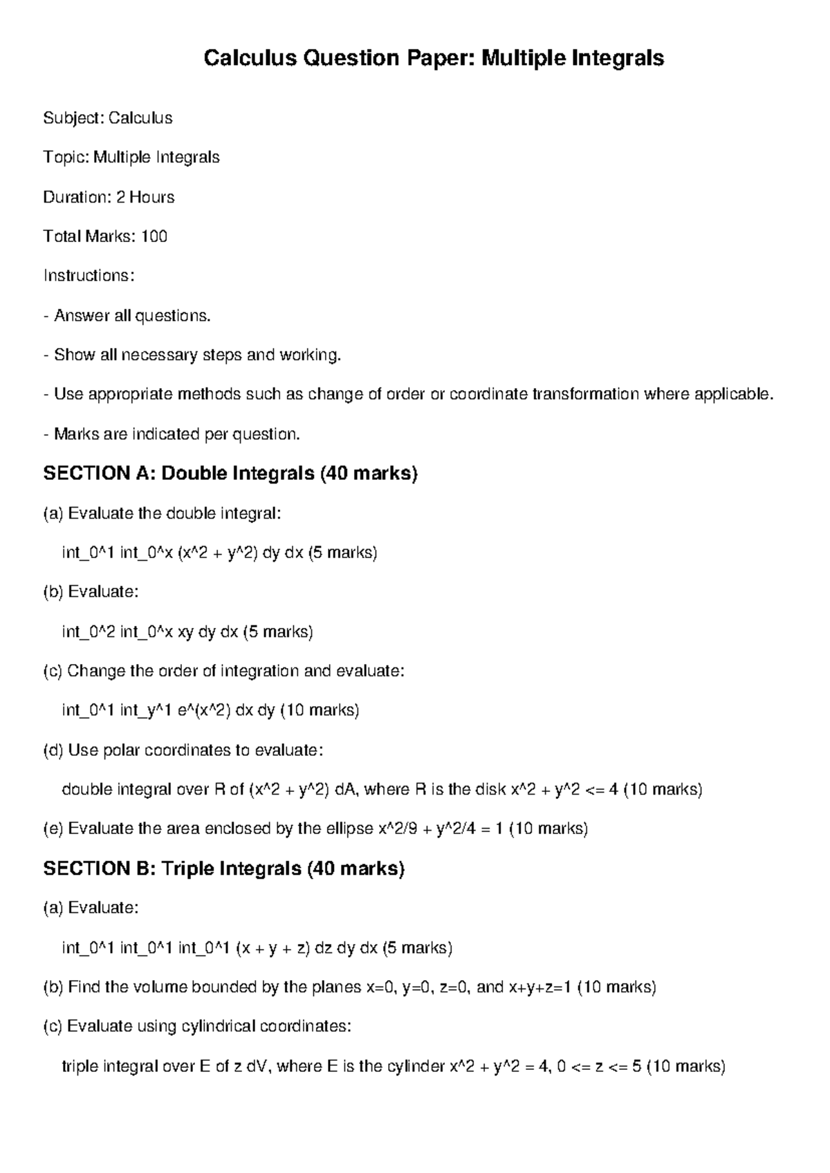 Calculus 101: Multiple Integrals Question Paper (2 Hours, 100 Marks) - Studocu
