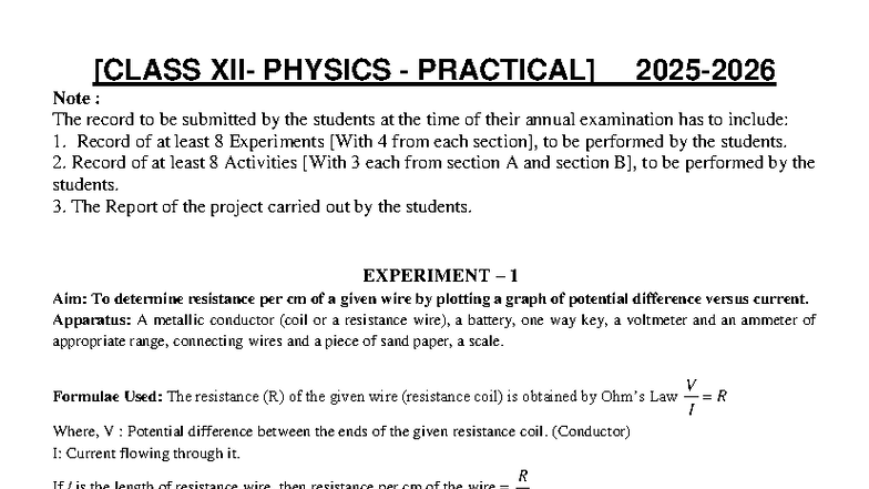 RIS - Class 12 Physics - Practical Experiments and Activities - Studocu