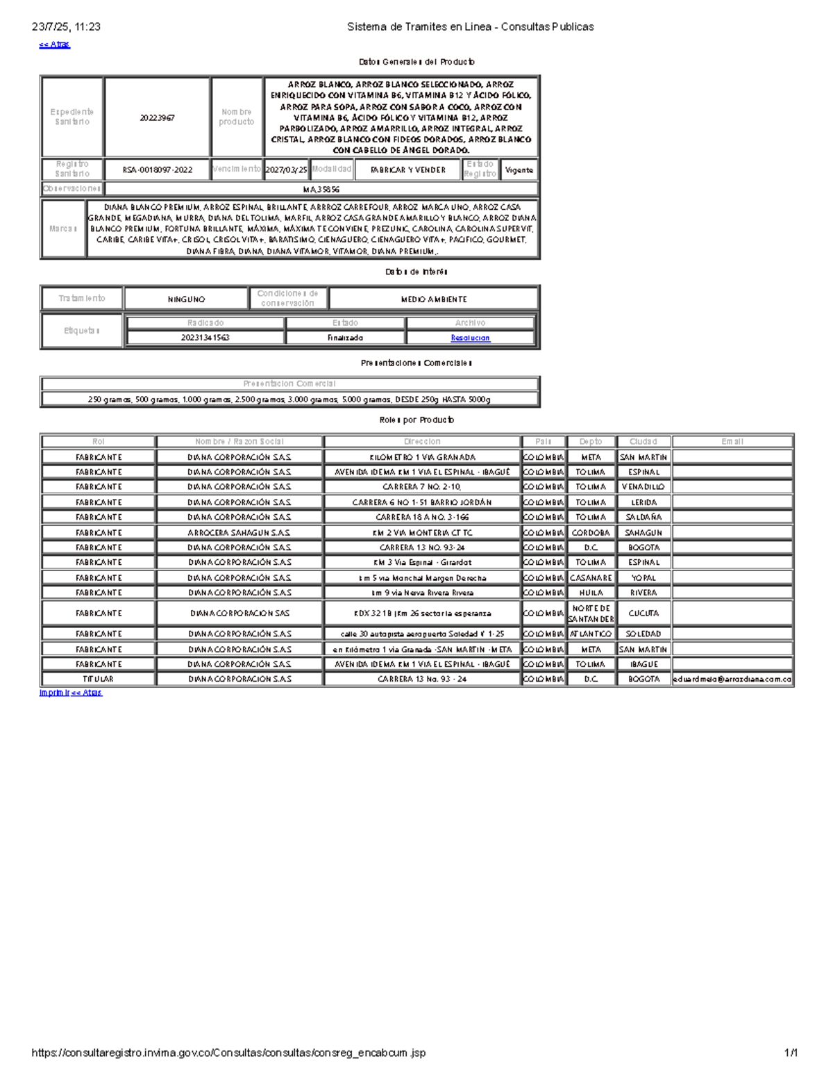 Registro INVIMA Arroz Diana - Consultas Públicas y Datos Generales ...