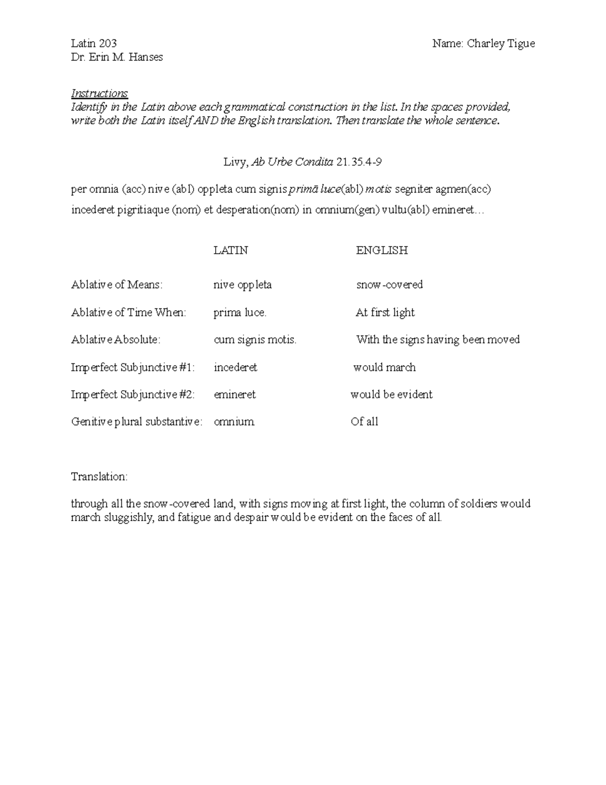 Livy Handout Day 3 - livy writting grammatical analysis - Latin 203 ...