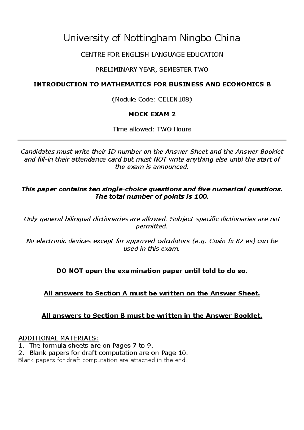 Celen 108 Final Mock Exam Paper 2: Mathematics for Business & Economics ...