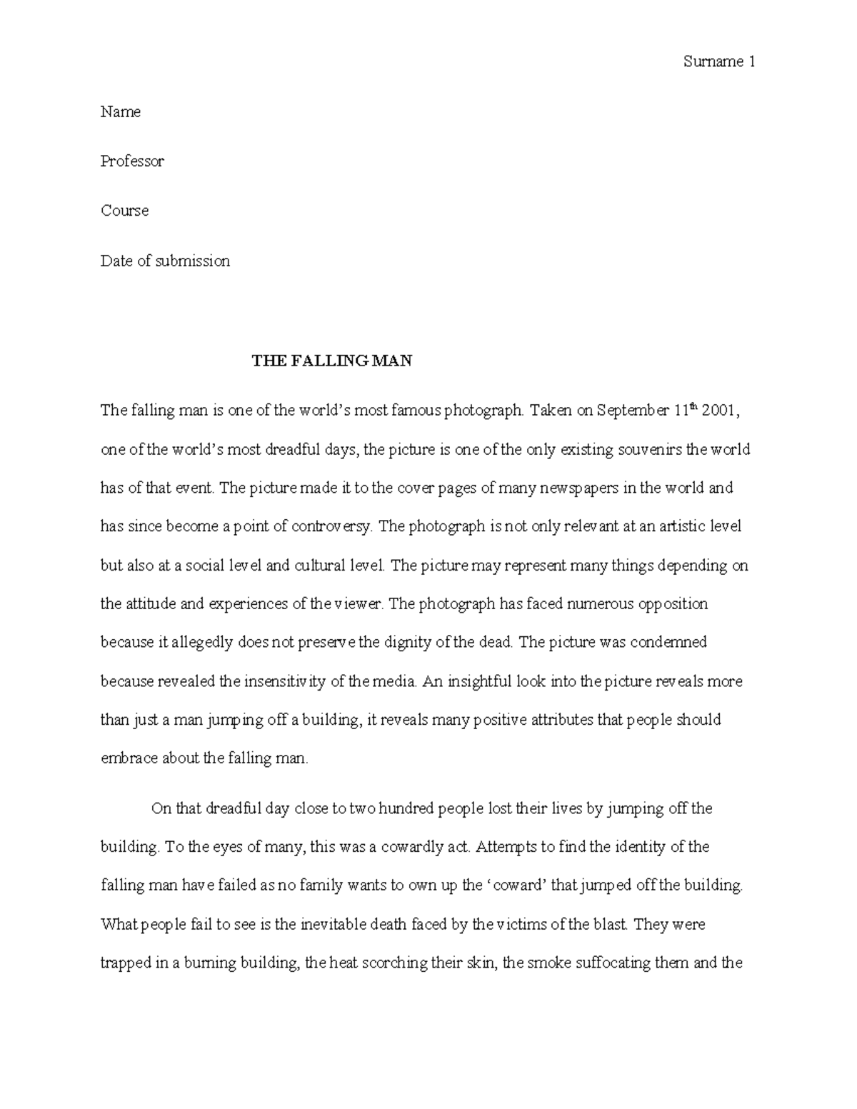 THE Falling MAN - Name Professor Course Date of submission THE FALLING ...