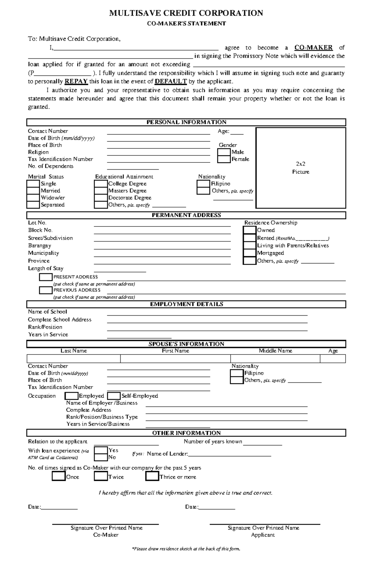 .2 MCC Co-Maker Statement - Gender Male Female No. of Dependents ...