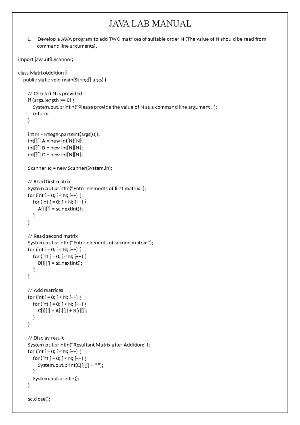 JAVA LAB MANUAL: Matrix Addition, Stack, Employee & More - Studocu