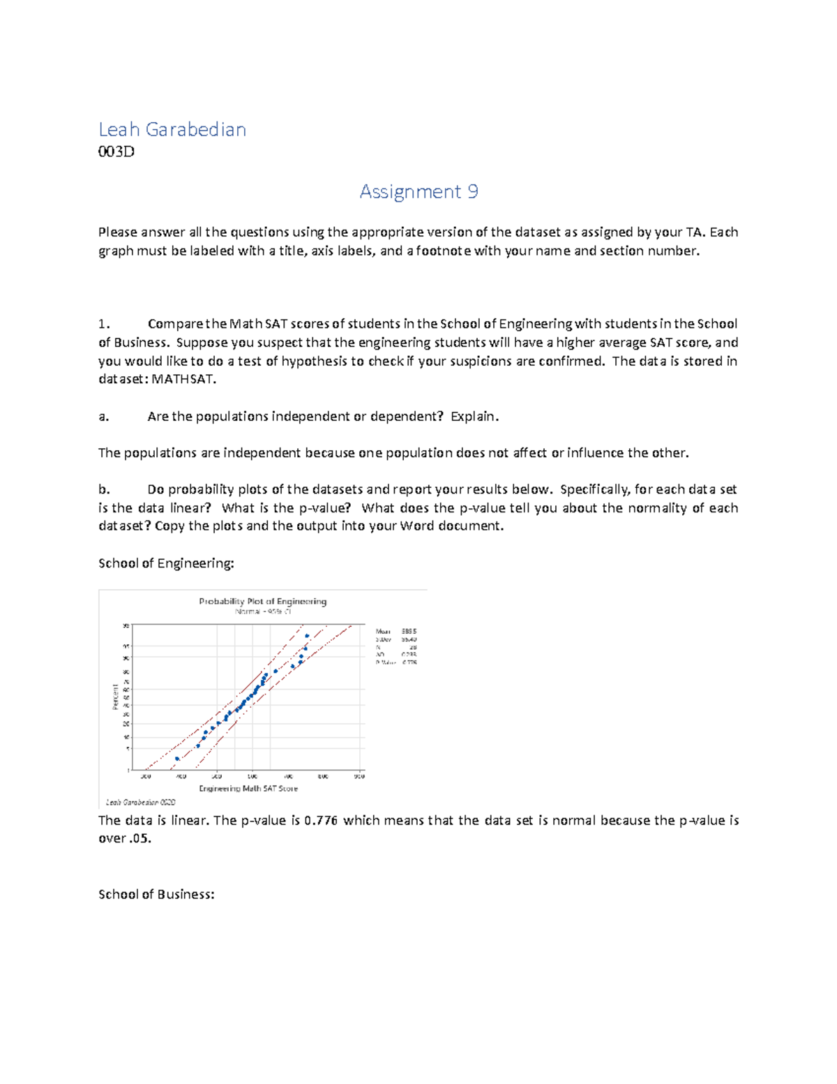 Mnitab 9 - minitab homework assignment (Prof Zhanna Pozdnyakova) - Leah ...