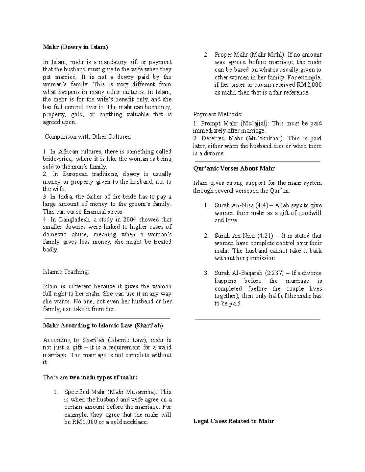 IFL Final Notes: Understanding Mahr (Dowry) in Islam and Its ...
