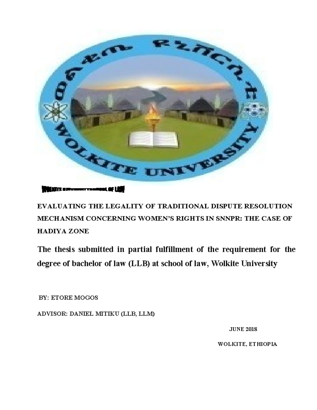 Evaluating Legality of Traditional Dispute Resolution in Hadiya Zone (LLB) - Studocu