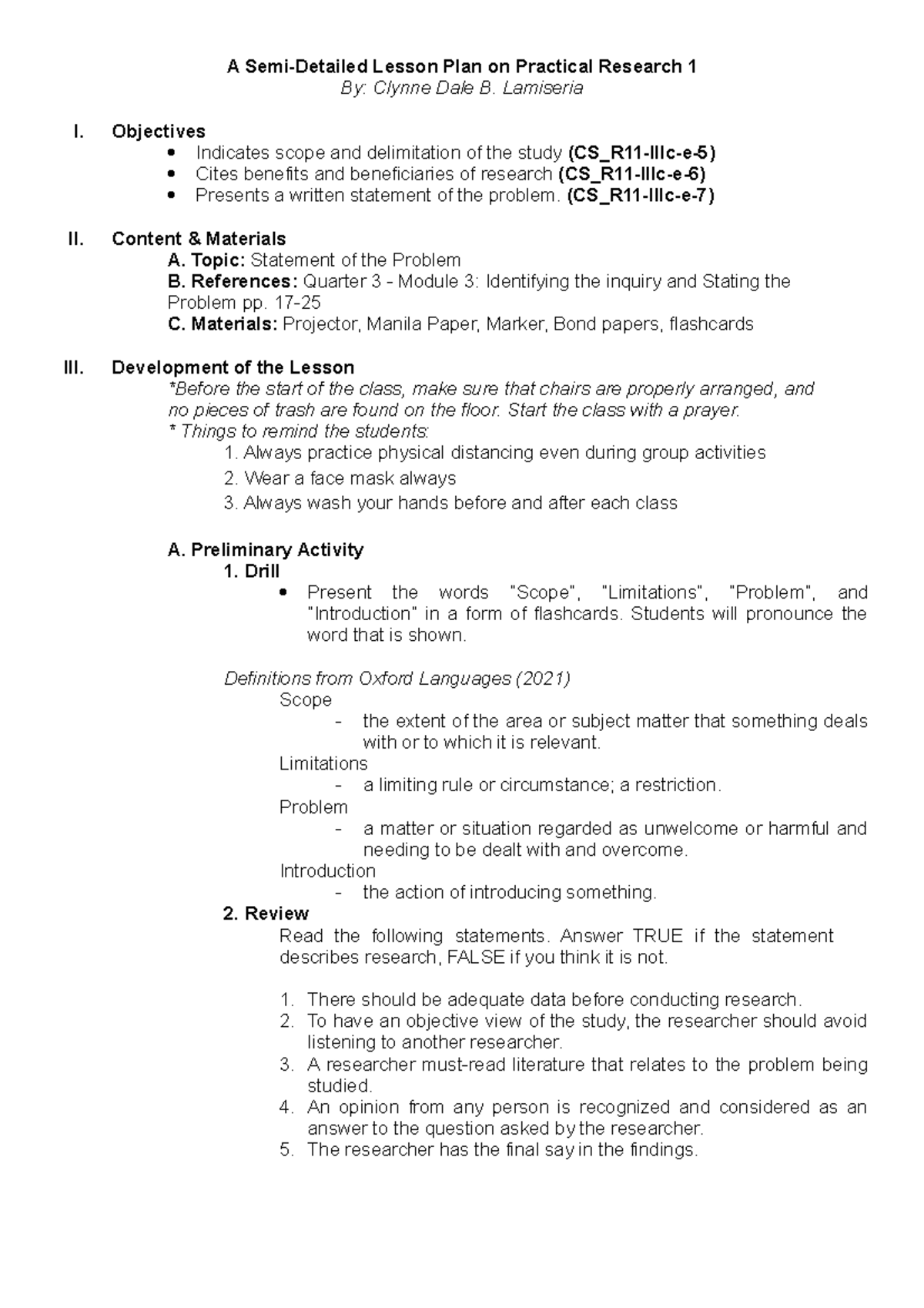 Semi-Detailed Lesson Plan on Practical Research 1 (CS_R11-III) - Studocu
