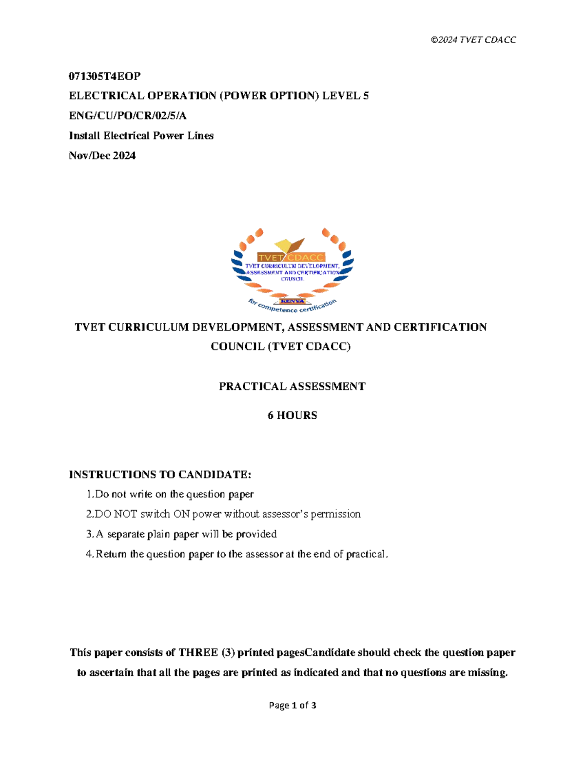 TVET CDACC 071305T4EOP Level 5 Practical: Install Electrical Power ...