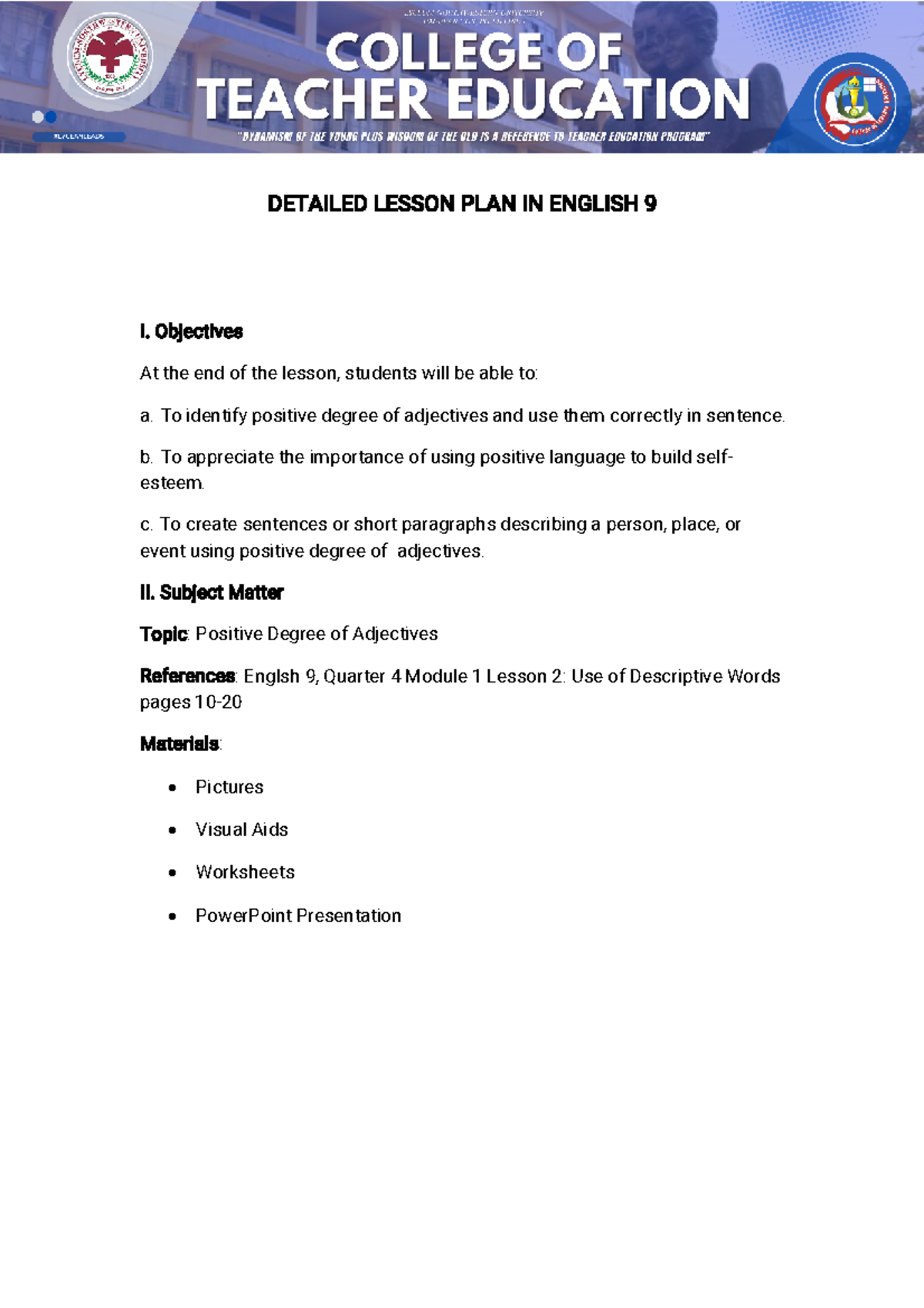 DLP - Adjectives - DETAILED LESSON PLAN IN ENGLISH 9 I. Objectives At ...