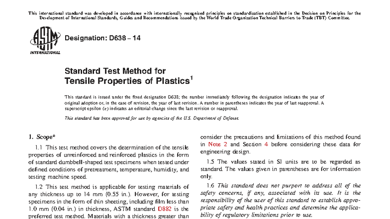 ASTM D638-14 Standard Test Method for Tensile Properties of Plastics ...