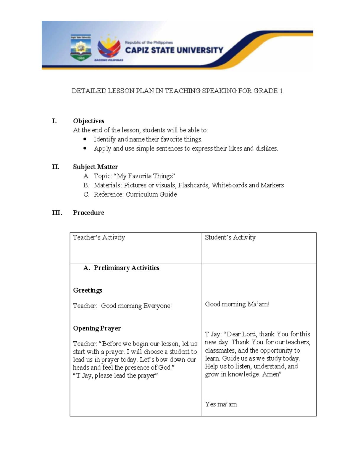 Detailed Lesson Plan for Teaching Speaking (Grade 1) - Studocu