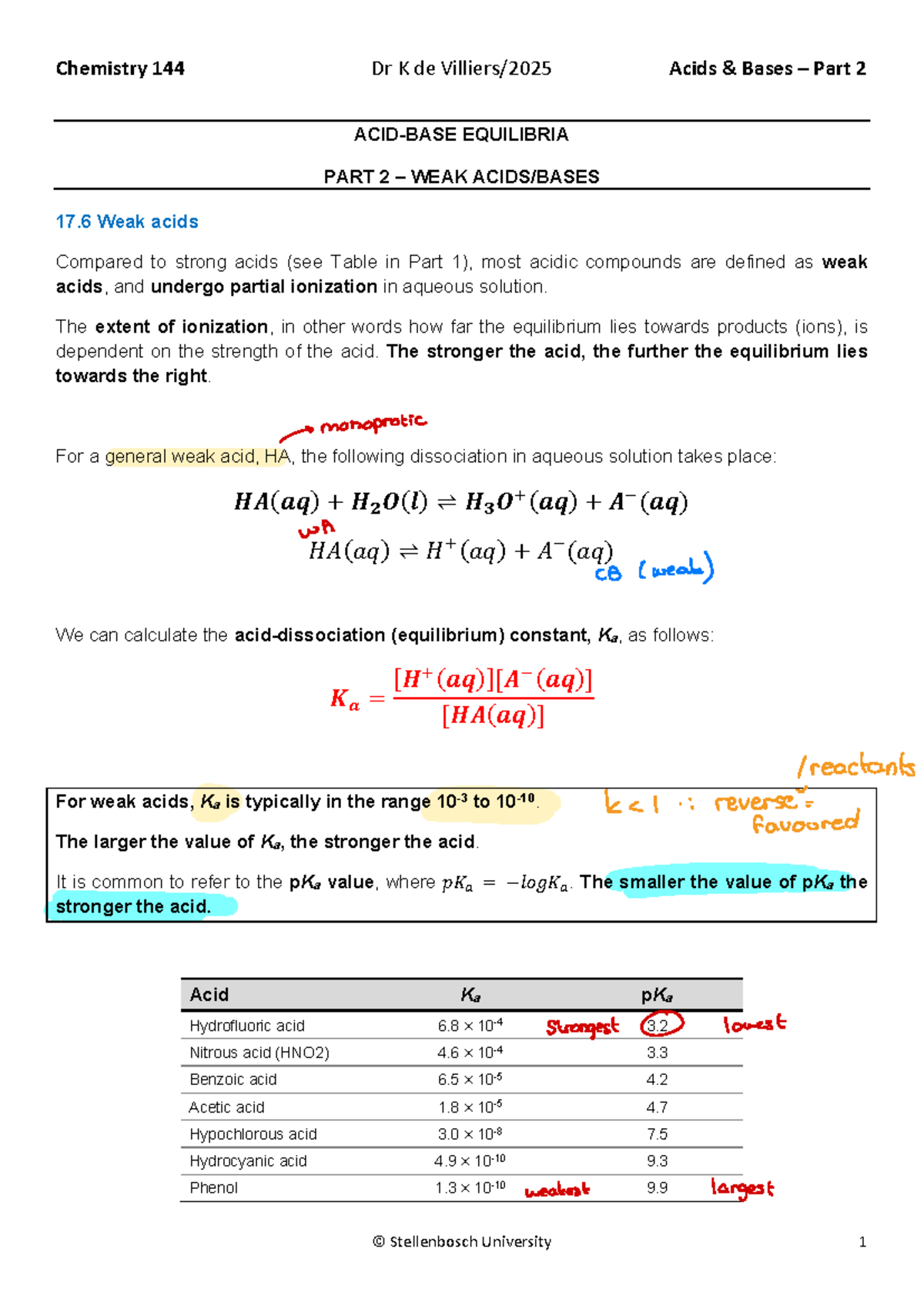 Chemistry 144 Dr K de Acids Bases Part 2: Weak Acids & Bases Insights ...