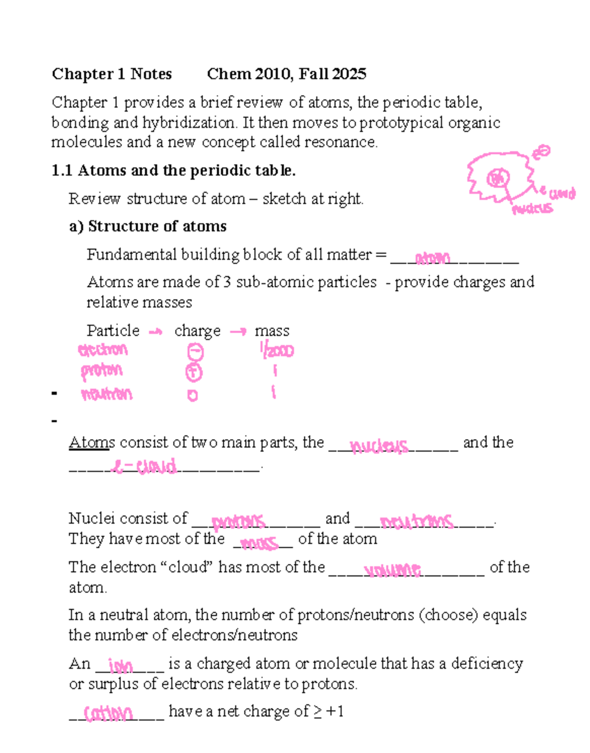 Chapter 1 Notes for Chem 2010: Atoms, Bonding & Organic Molecules - Studocu