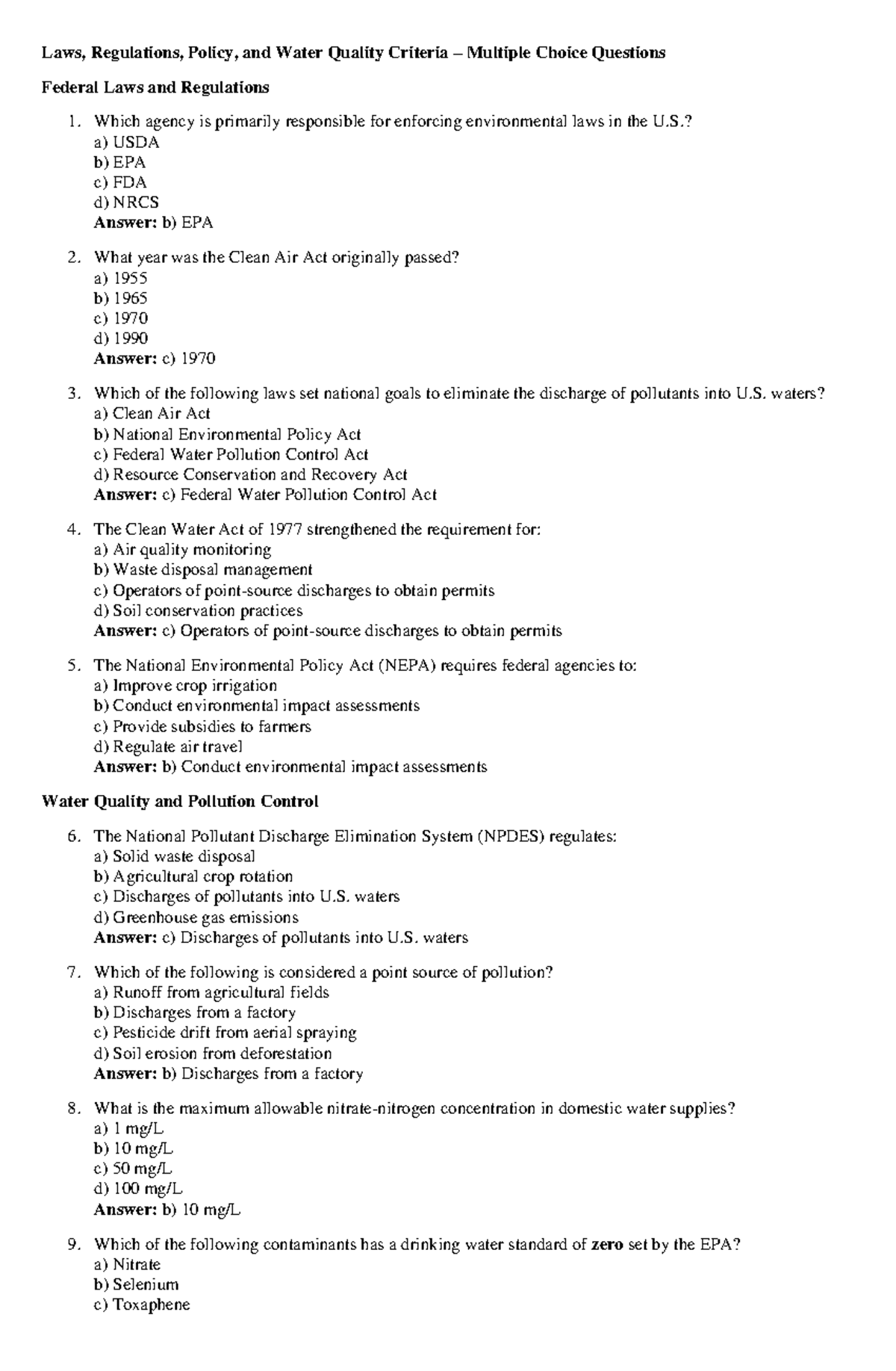Laws and Regulations on Water Quality: MCQs for ENV 101 Exam Prep - Studocu
