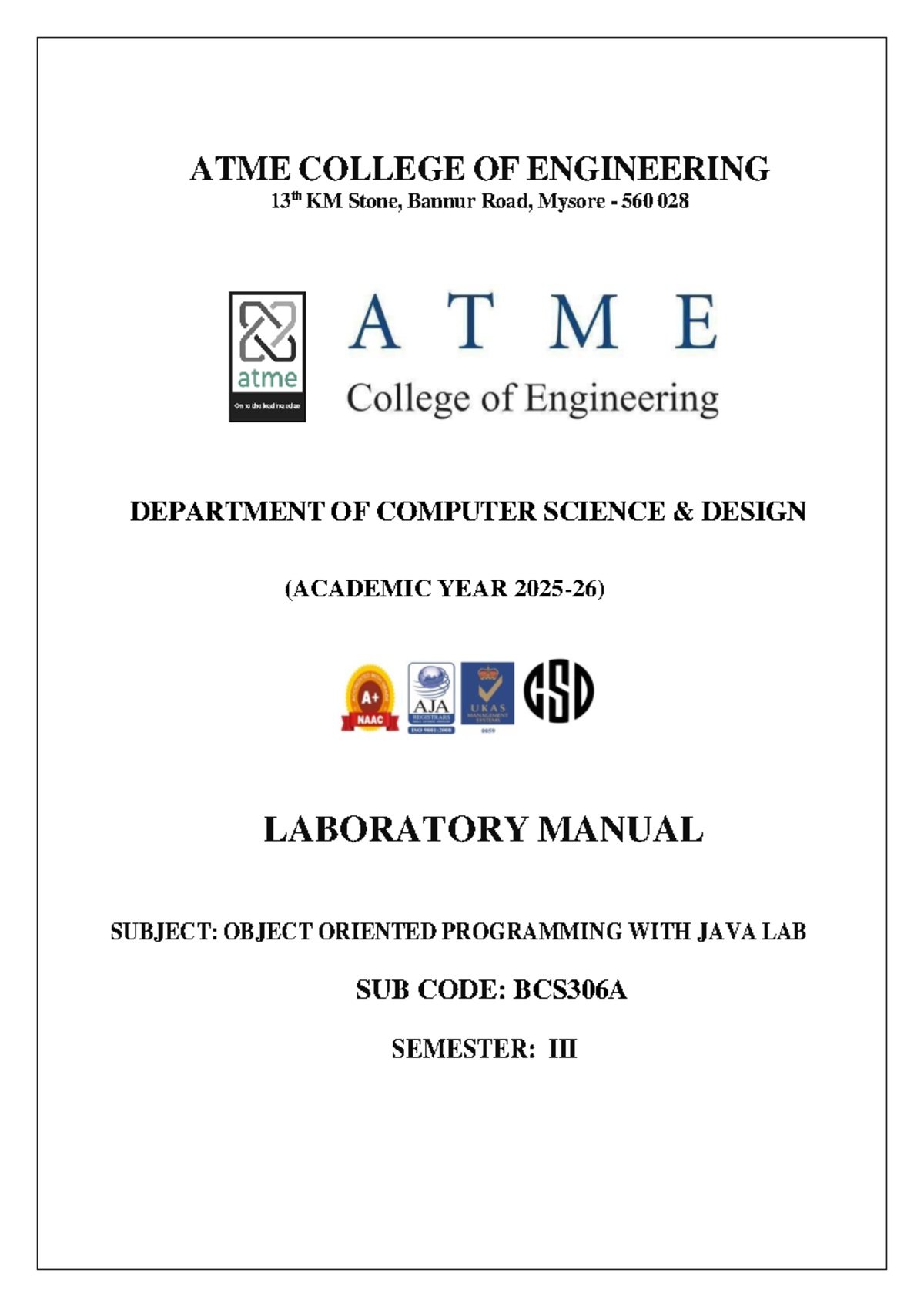 JAVA LAB MANUAL BCS306A - OBJECT ORIENTED PROGRAMMING - Studocu