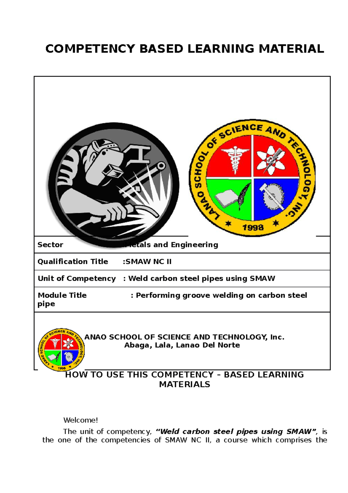 CBLM ON SMAW NC II - Performing Groove Welding on Carbon Steel - Studocu