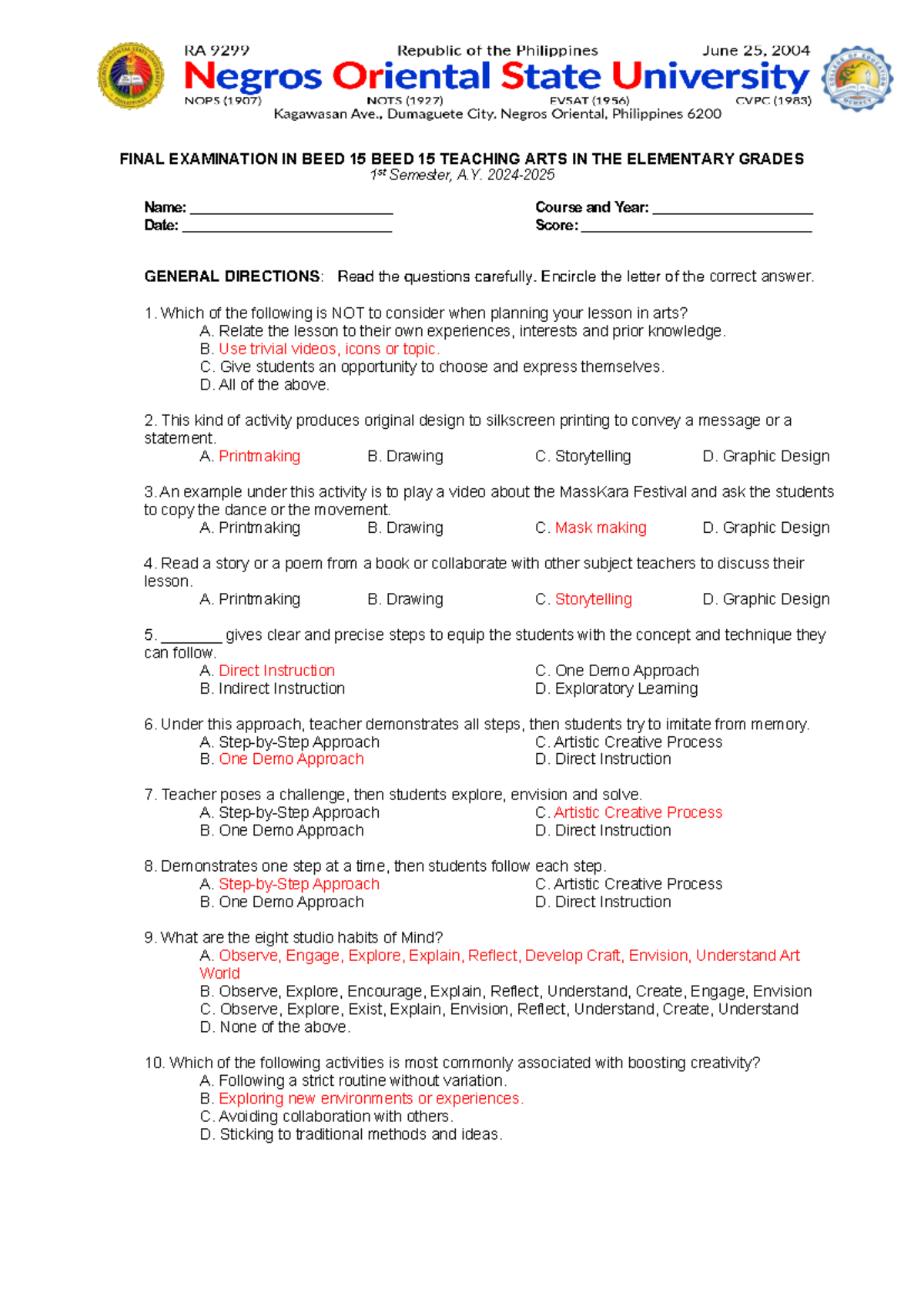 BEED 15 - Final Exam: Teaching Arts in Elementary Grades - Studocu