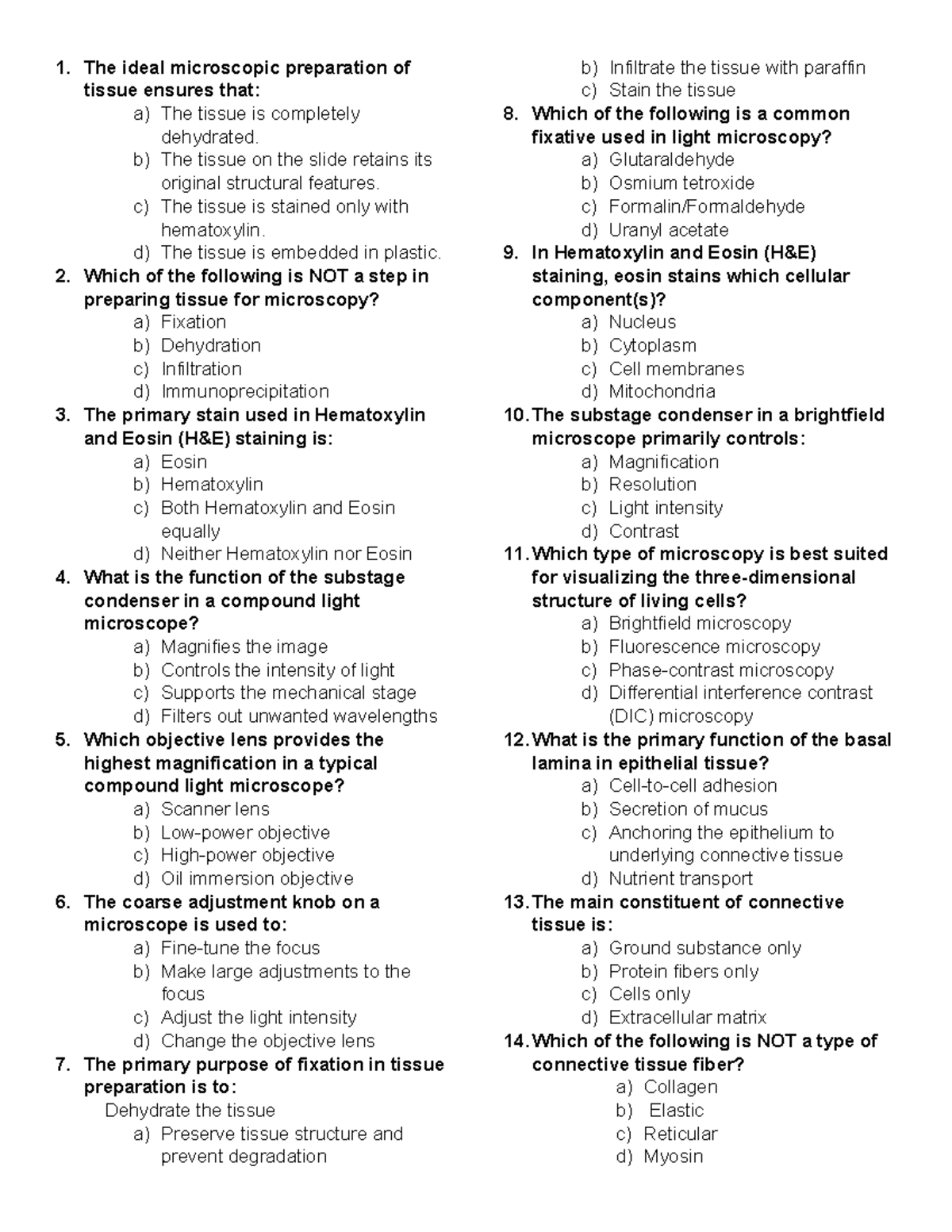 HIS 101 - Practice Questions for Microscopy and Tissue Preparation ...