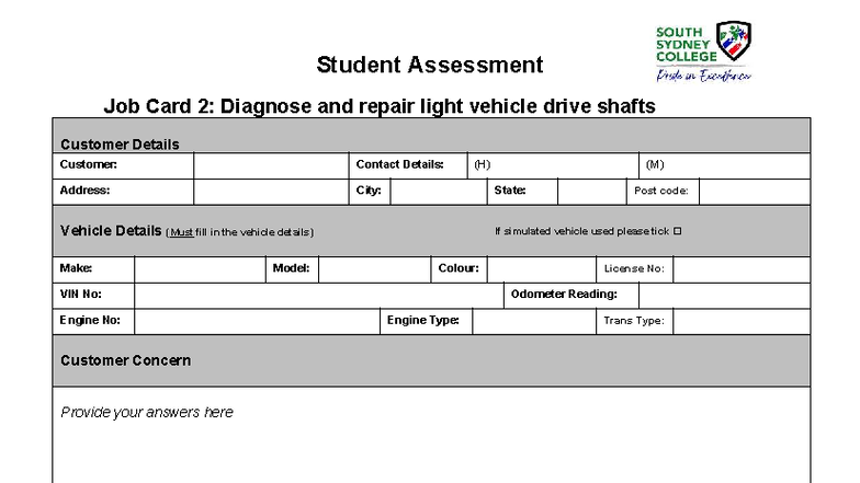 Job Card 2 Aurltq 102 Diagnose and repair light vehicle drive shafts ...