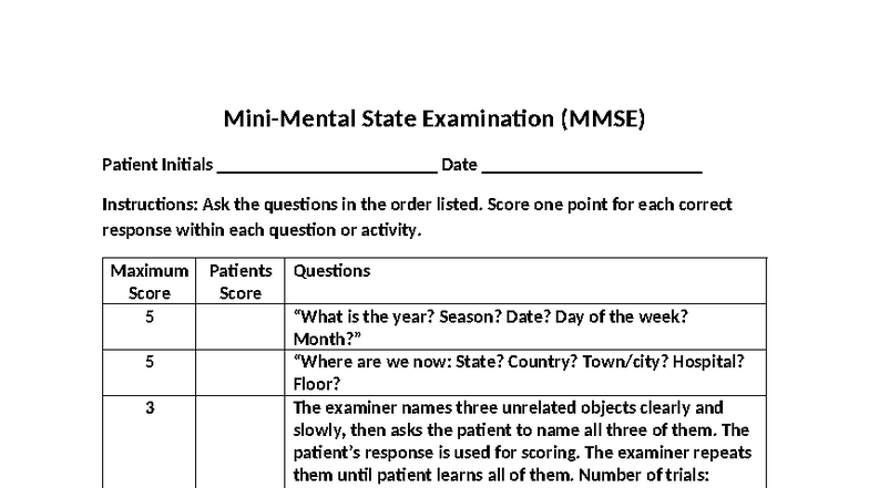 MMSE Patient Assessment Instructions and Scoring Guide - Studocu