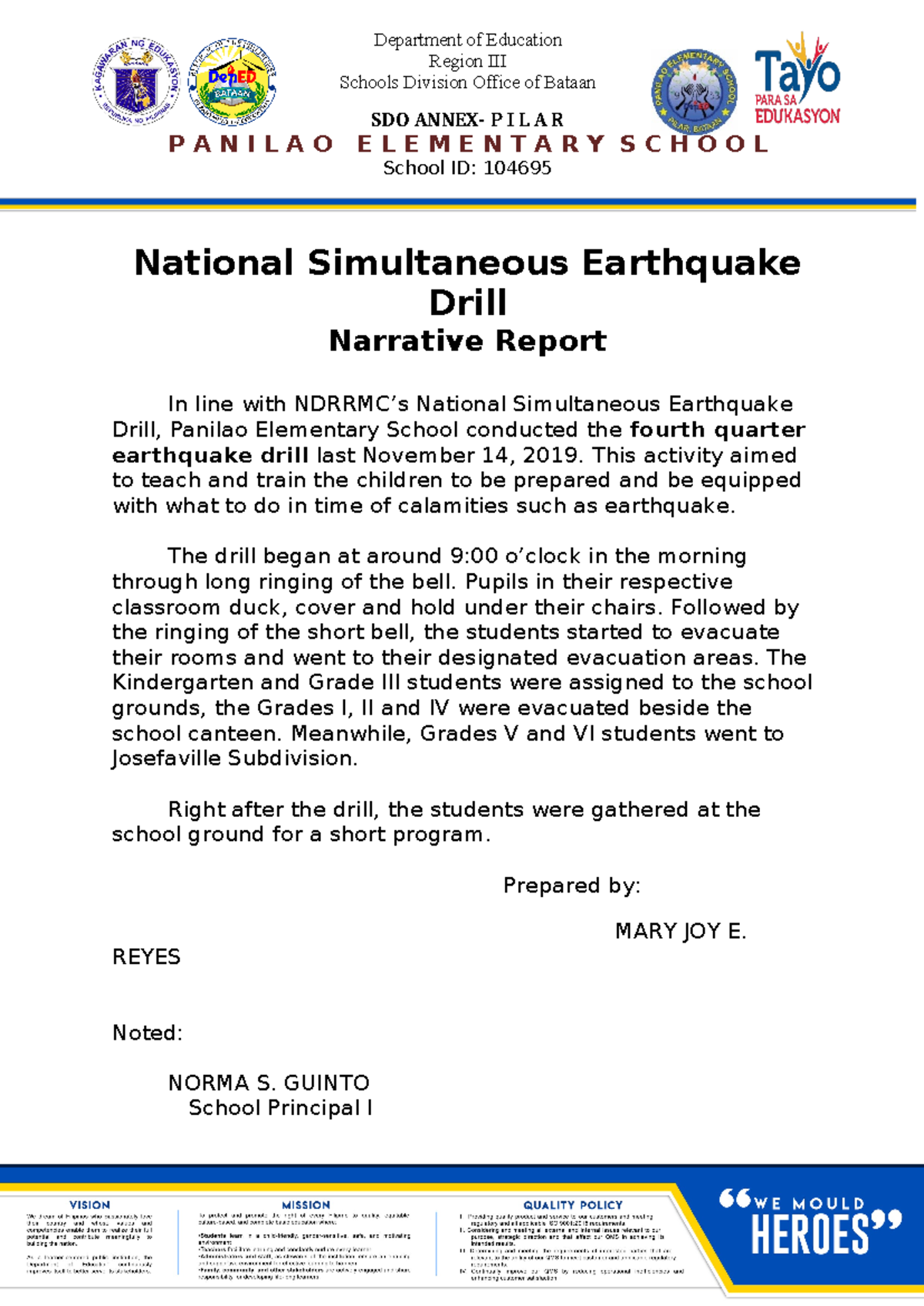 4th Quarter NSED-2019-Narrative Report- Panilao ES - Department of ...