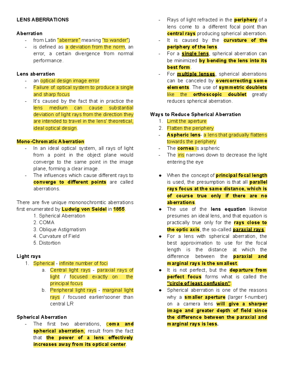 Lens Aberrations - Lecture Notes on Optical Design Errors - Studocu