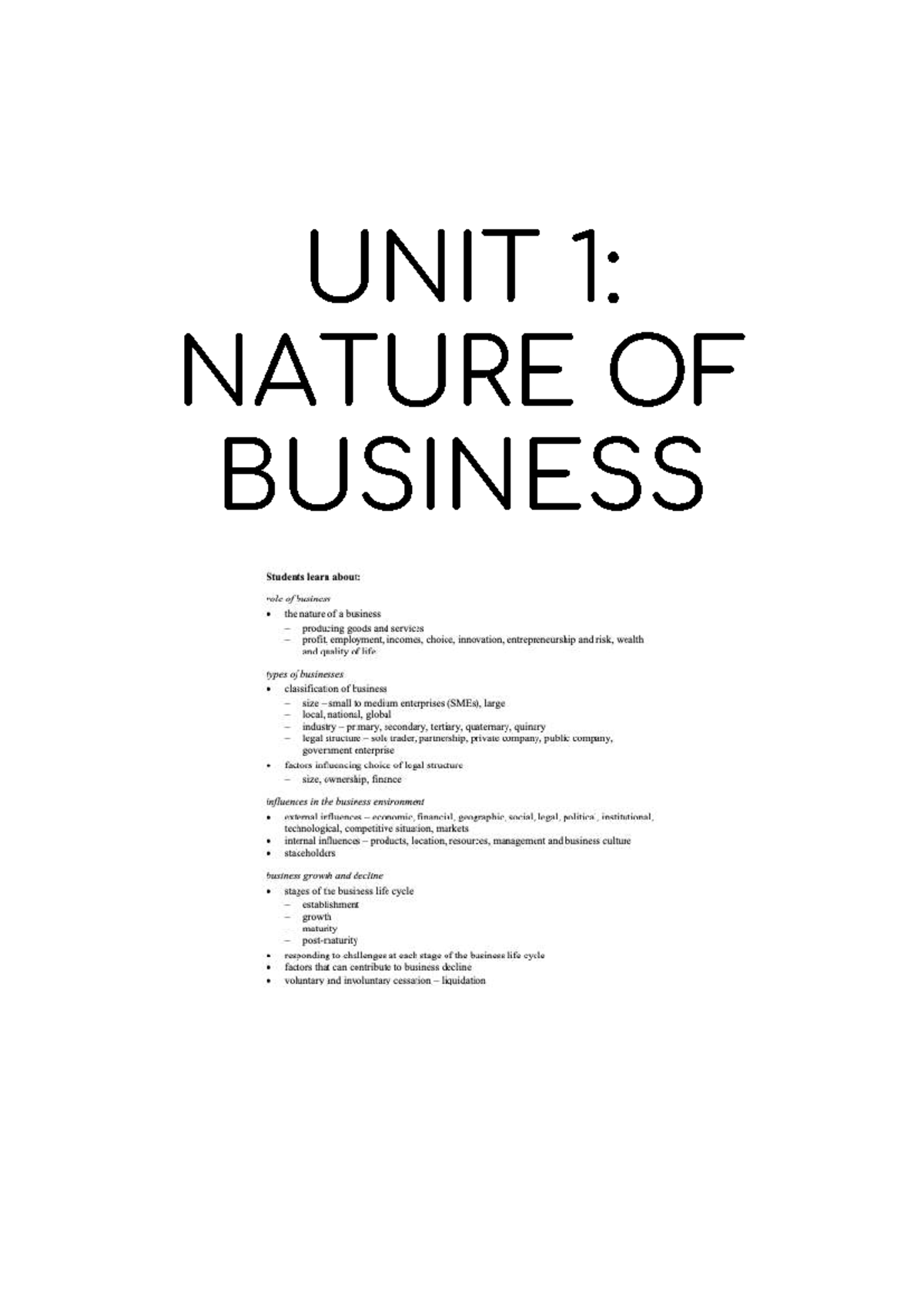 Final Business Study Notes (BUS101) - Nature, Role & Types of Business ...