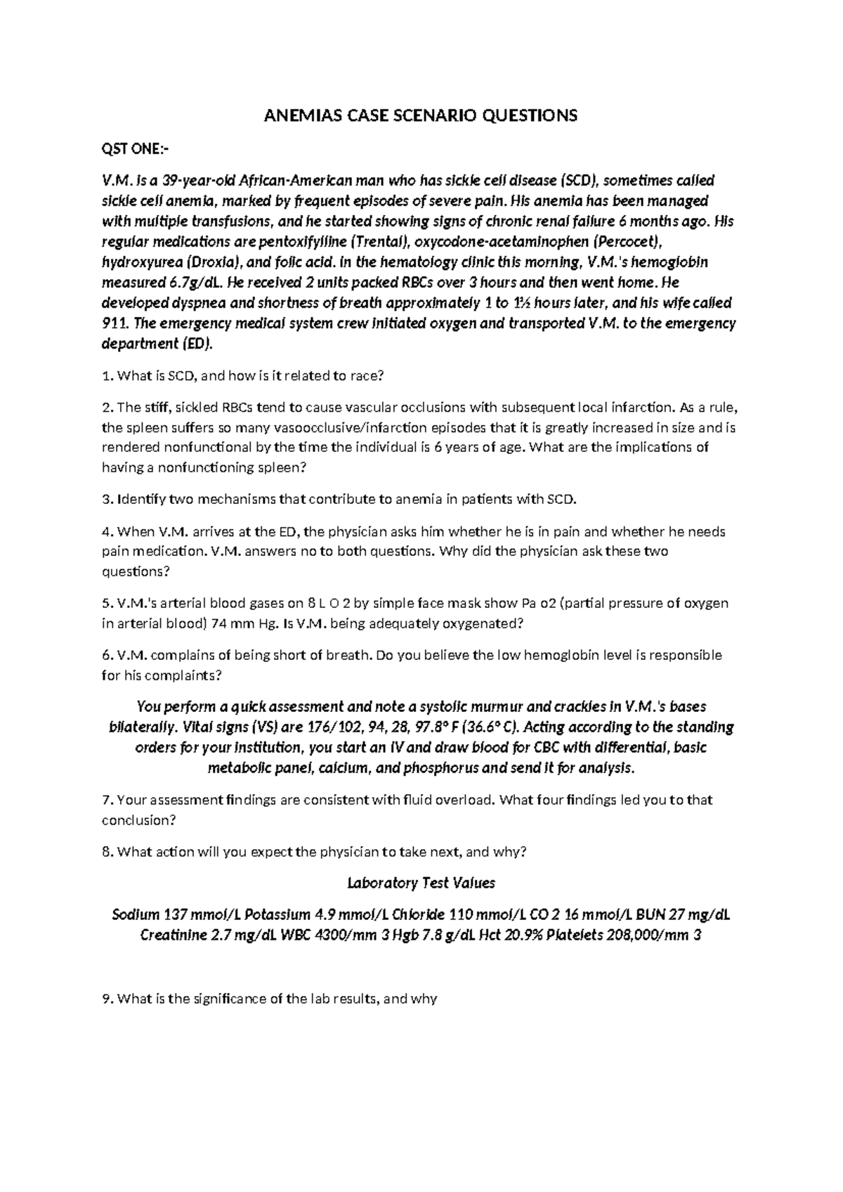 Anemias Case Study Questions for SCD Management Analysis - Studocu