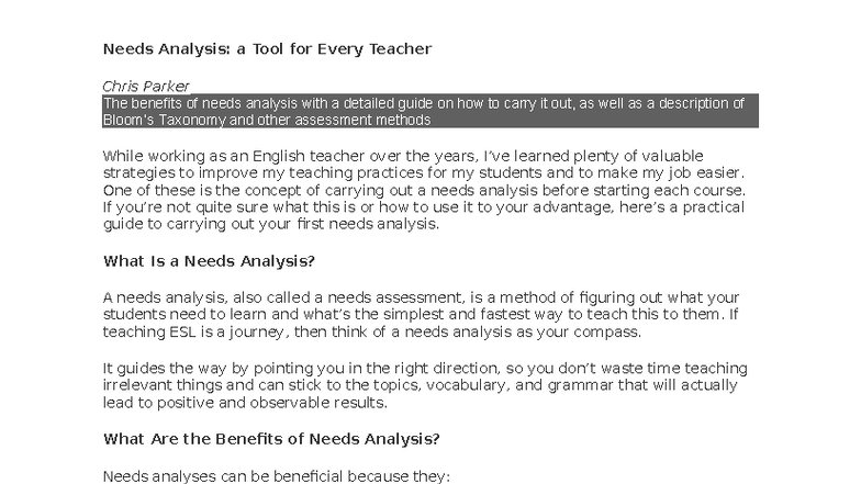 Needs Analysis: A Comprehensive Guide for ESL Teachers - Studocu