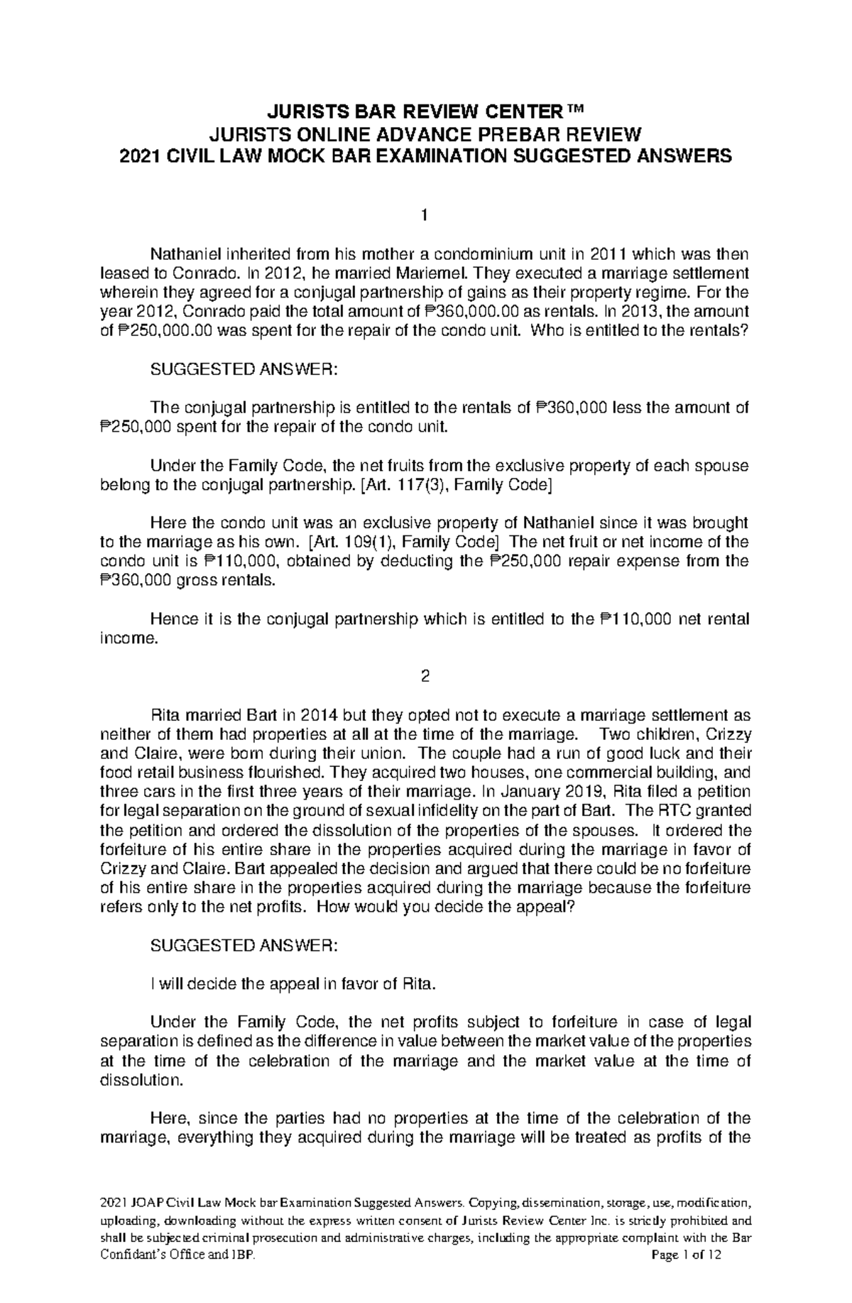 2021 JOAP Civil Law Mock Bar Exam Suggested Answers & Analysis - Studocu