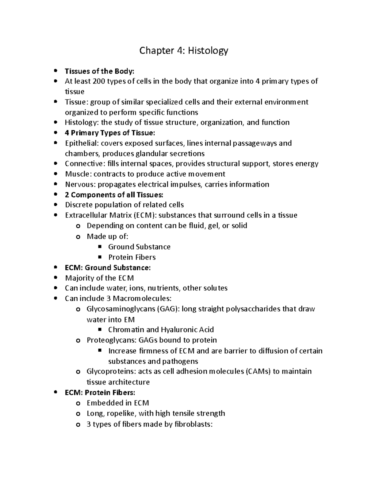 Chapter 4: Detailed Histology Notes on Tissue Types and Functions - Studocu