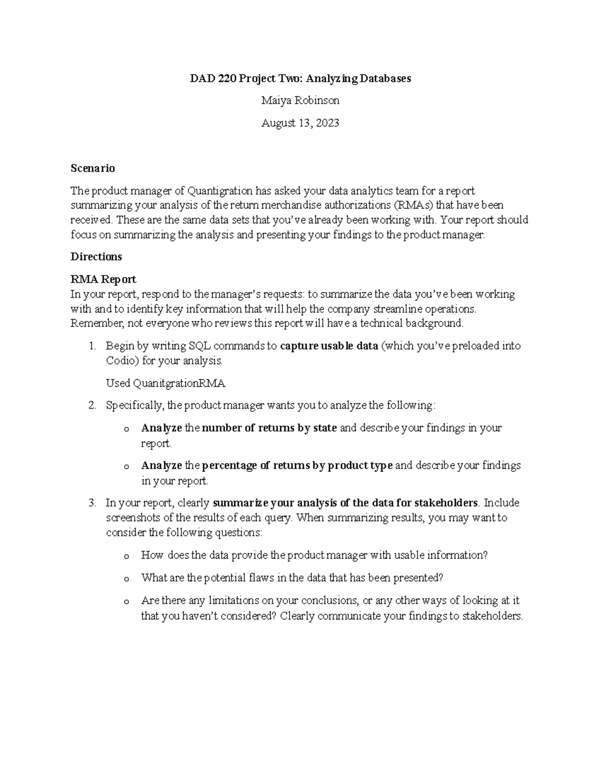 DAD 220 Project Two Analysis Report Template for RMA Findings - Studocu