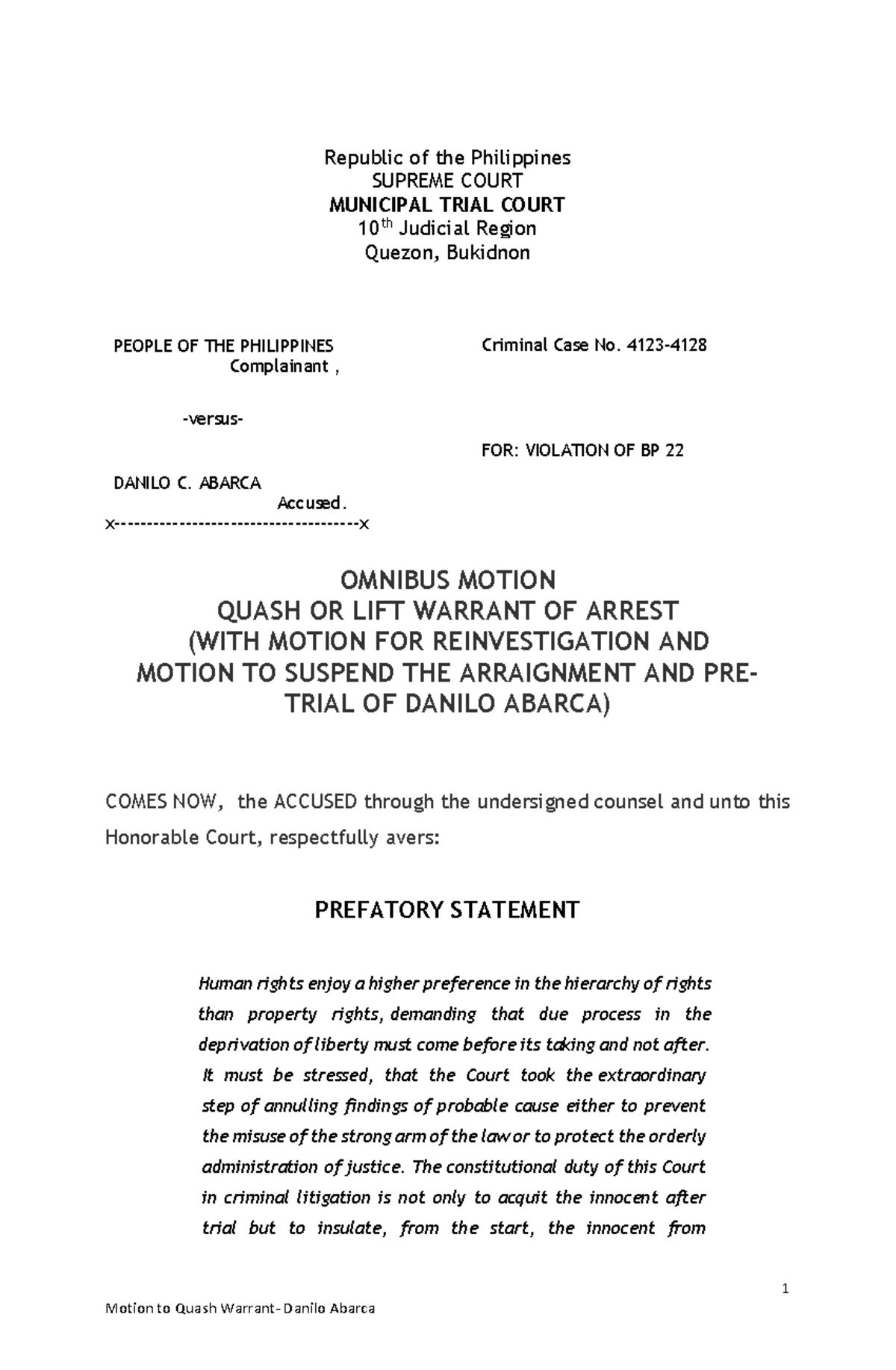 Motion to Admit Counter-Affidavit Sample - R.A. 9165 Guidelines - Studocu