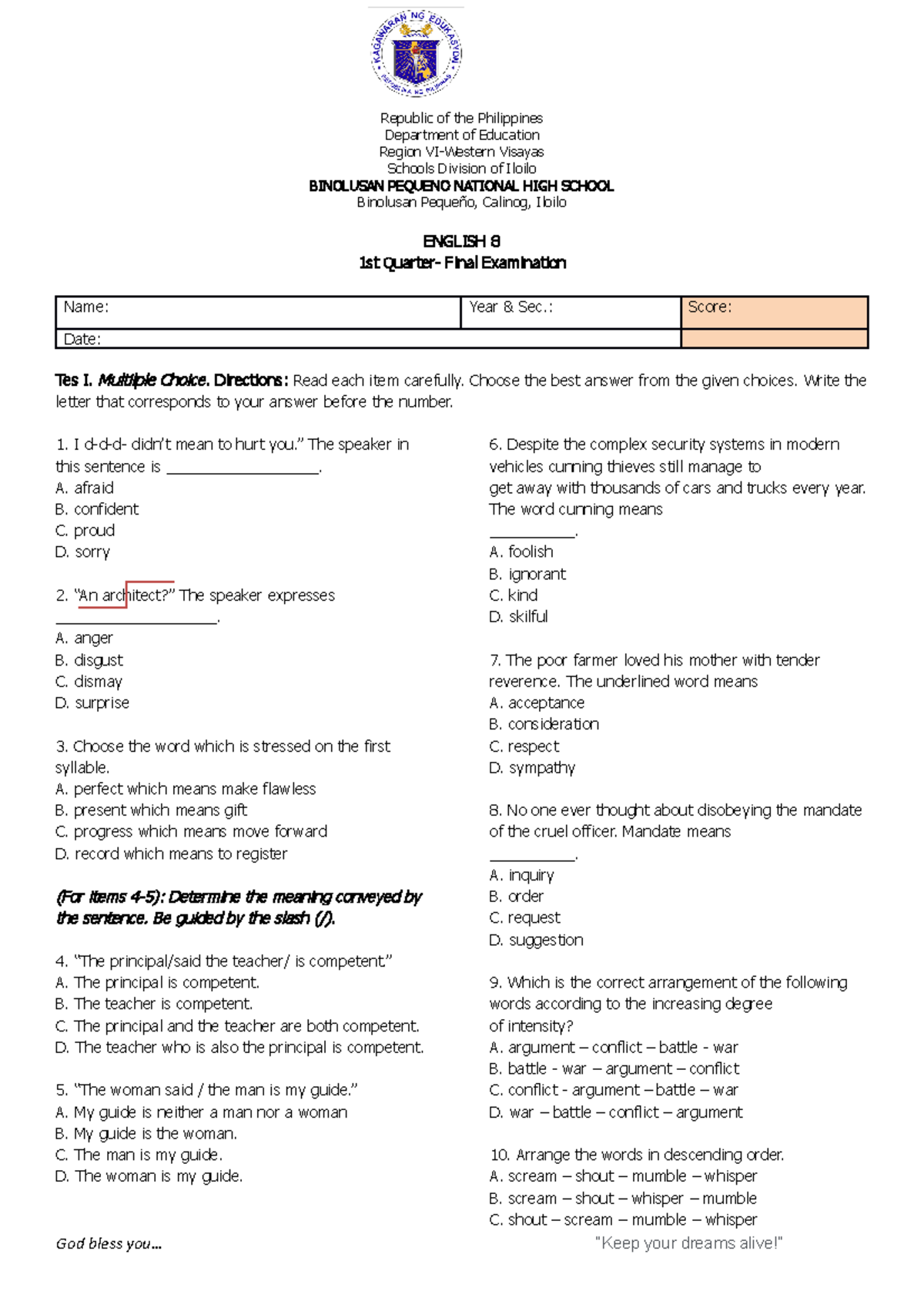 English 8 - 1st Qtr Final Exam Questions and Answer Key - Studocu
