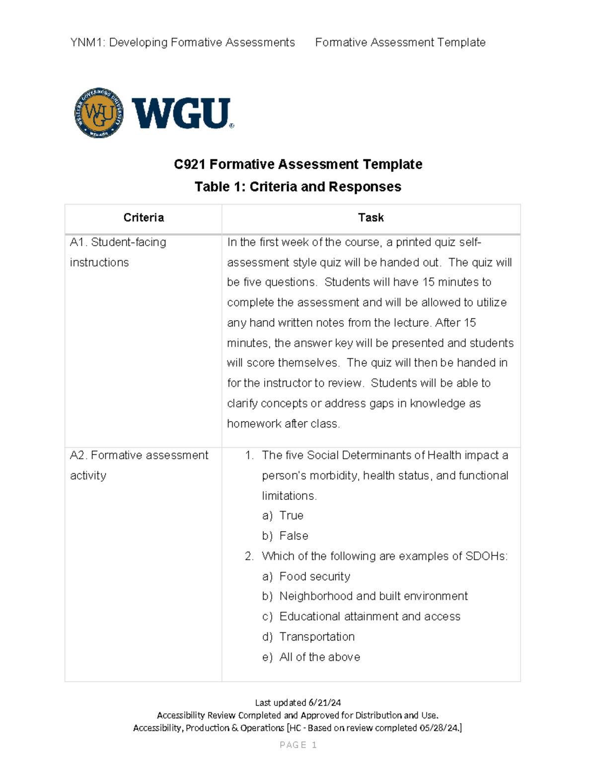 C921 Formative Assessment Task 1: Community Health Quiz and Criteria ...
