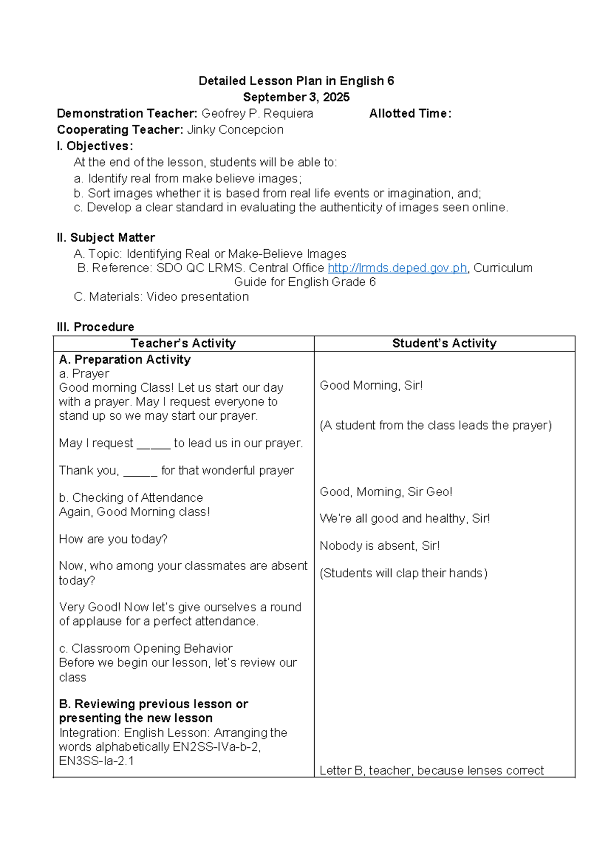 Detailed Lesson Plan: Real vs. Make Believe for English 6 - Studocu