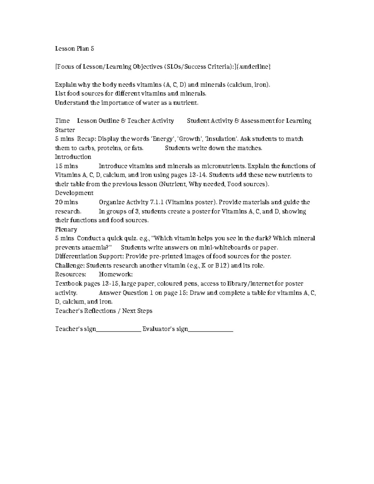 Lesson Plan 5: Understanding Vitamins A, C, D & Minerals (Ca, Fe) - Studocu