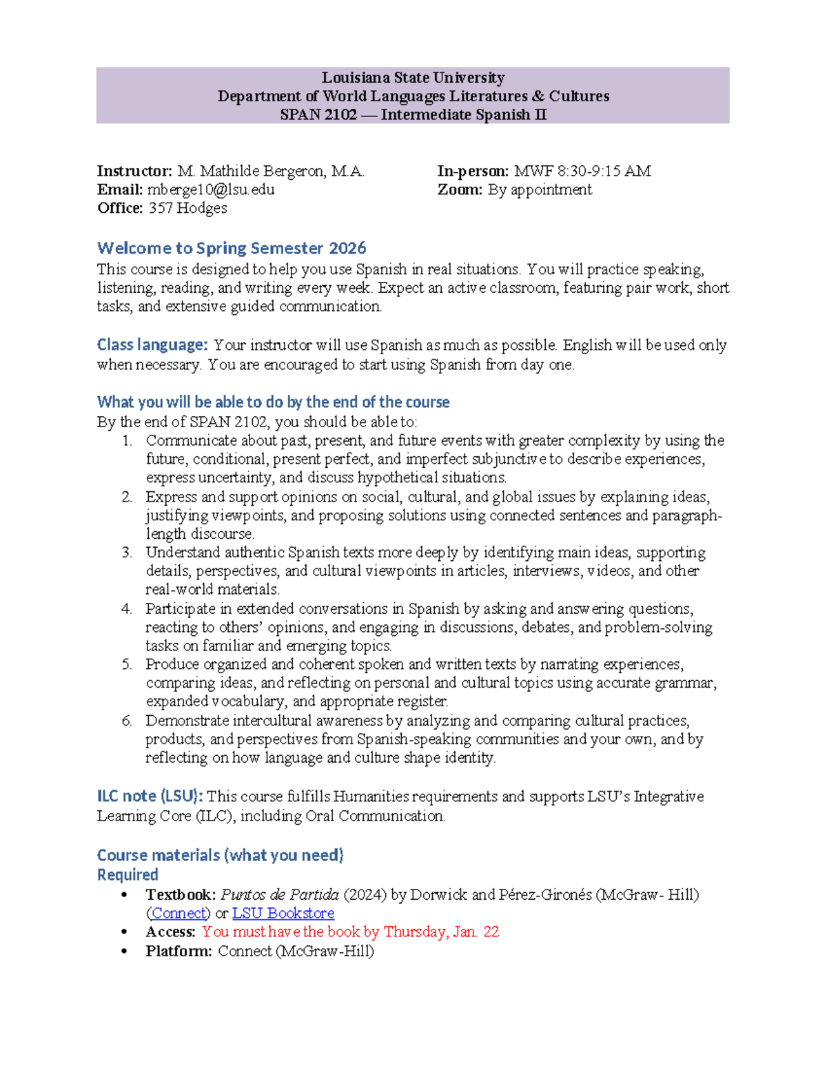 Bergeron SPAN 2102 Intermediate Spanish II Syllabus Spring 2026 - Studocu
