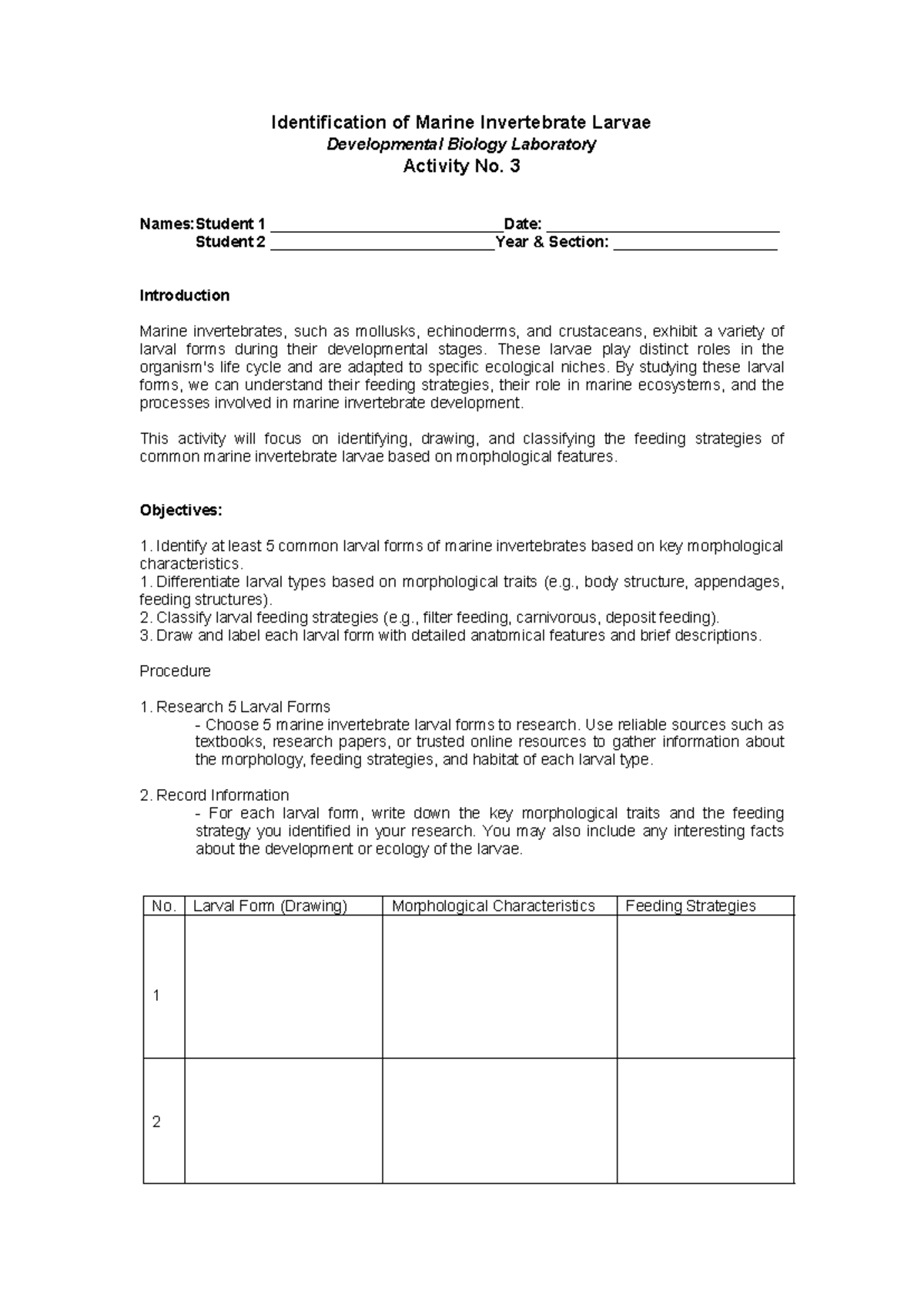 Marine Invertebrate Larvae Identification Lab Activity No. 3 - Studocu