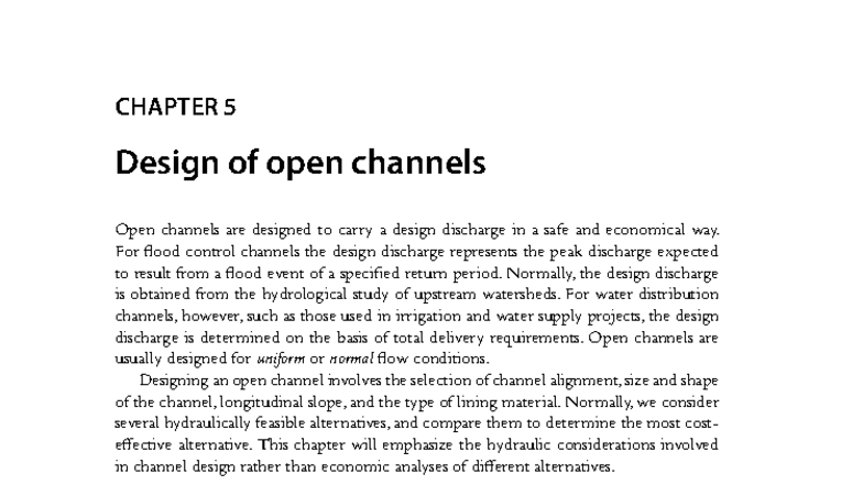 CHAPTER 5: Design of Open Channels in Hydraulics (2021) - Studocu