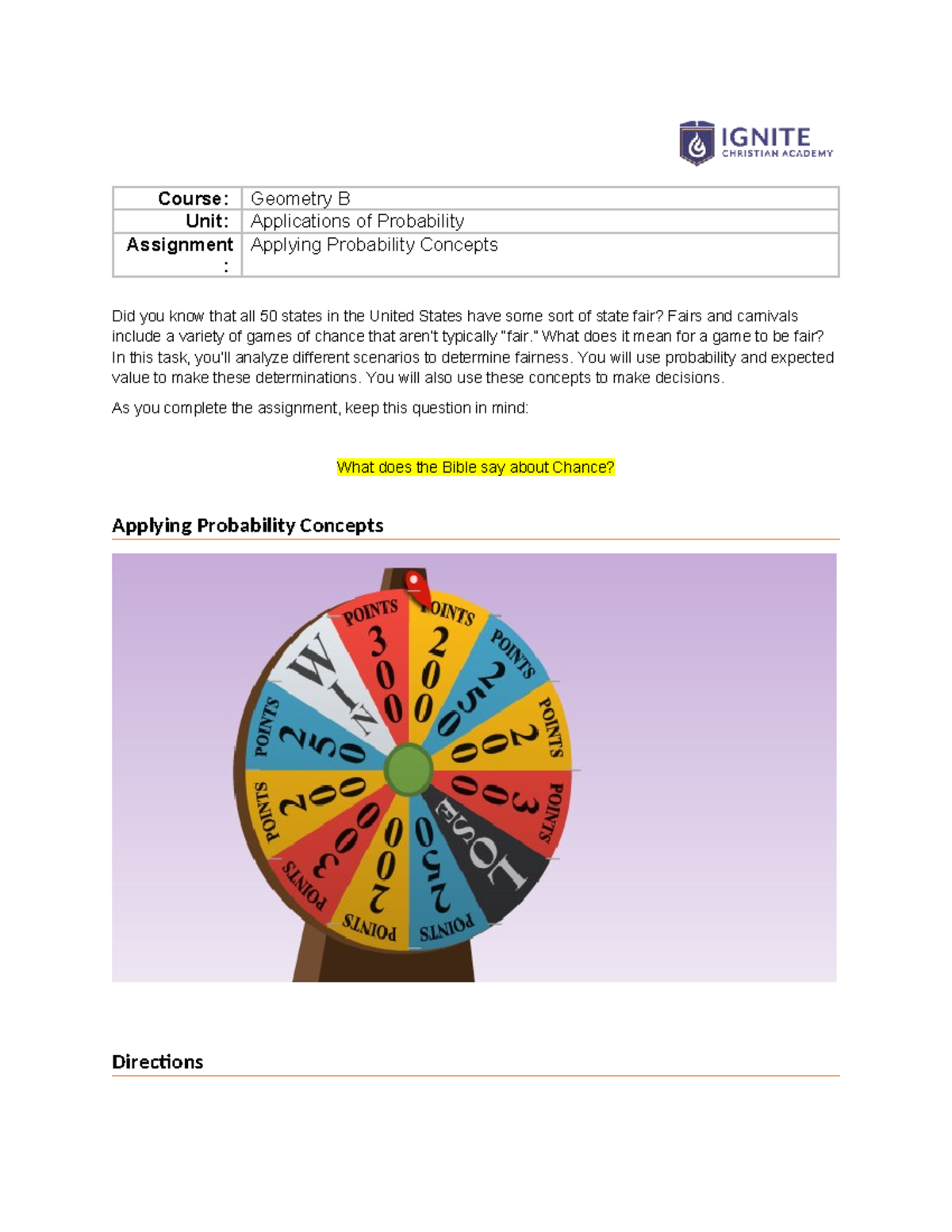 Applying Probability Concepts - Assignment for Geometry B (Anderson ...
