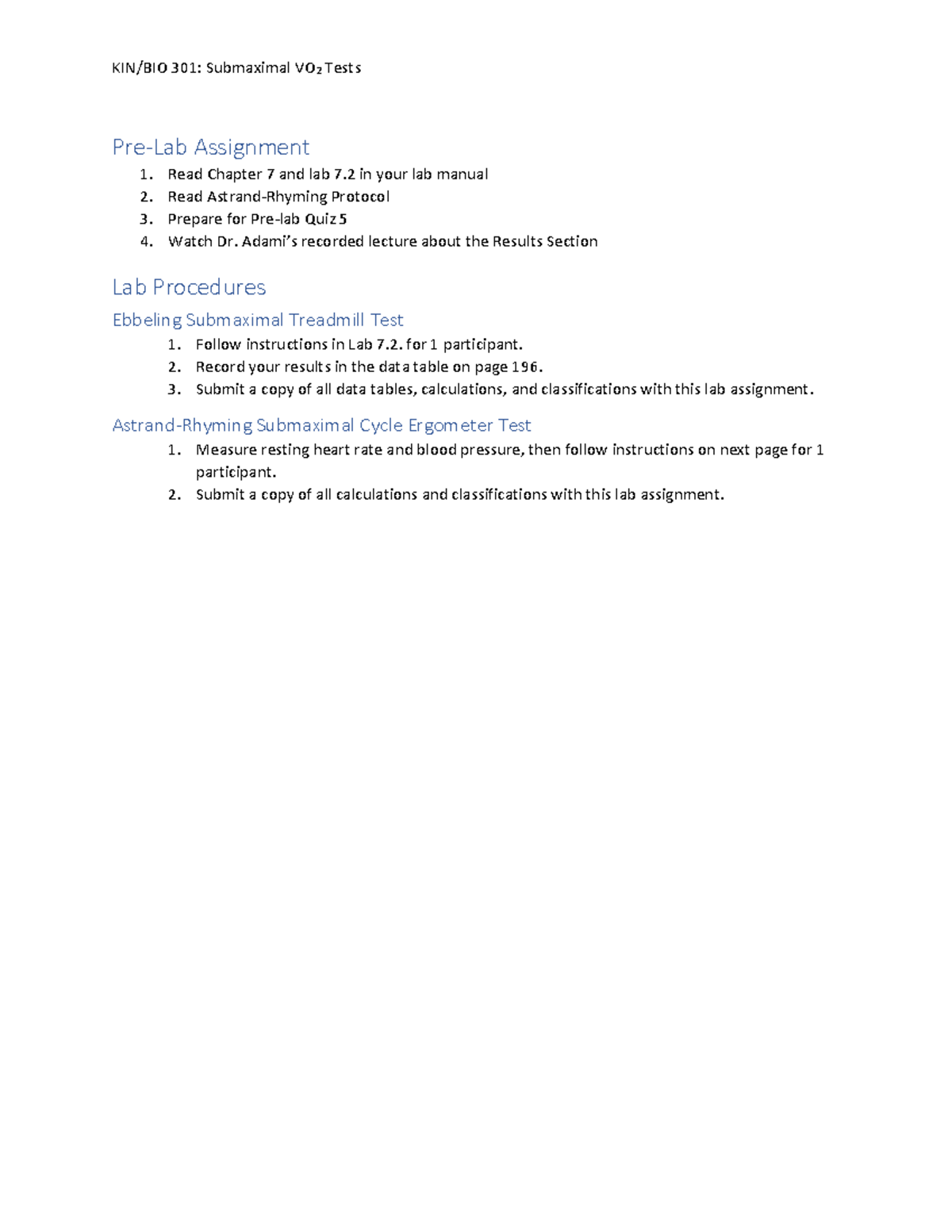301: Submaximal VO2 Tests Lab Instructions and Data Analysis - Studocu
