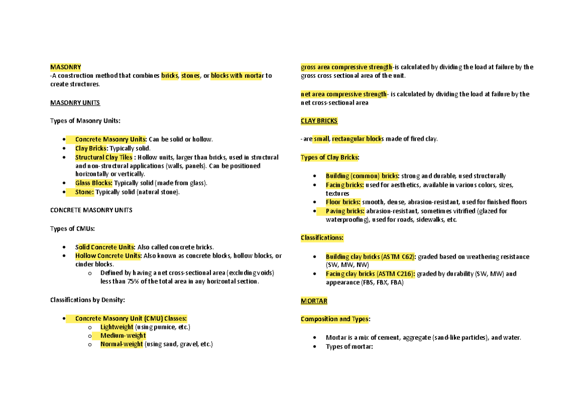 Masonry Techniques and Units: A Comprehensive Overview - Studocu