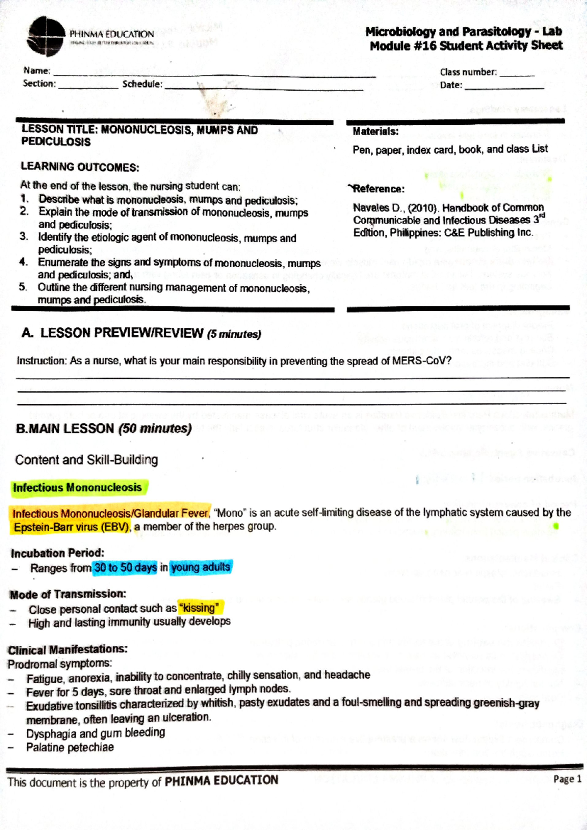 PHINMA EDUCATION Microbiology and Parasitology Lab: Mononucleosis ...