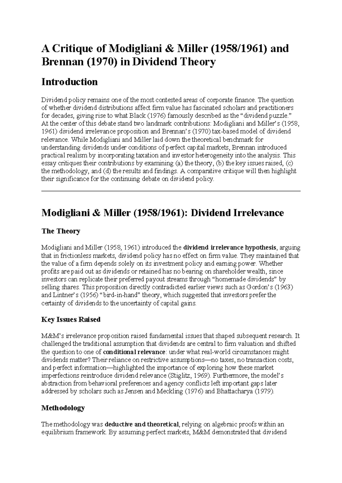 A Critique of Modigliani & Miller and Brennan (1970) in Dividend Theory ...