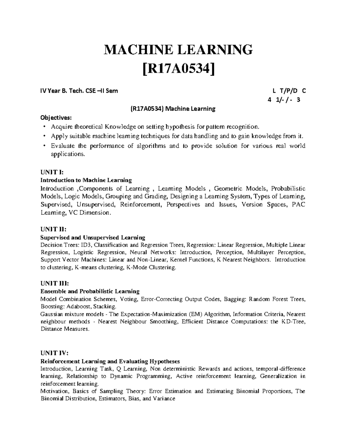 Ml - Lecture notes 1-7 - MACHINE LEARNING [R17A0534] IV Year B. Tech ...