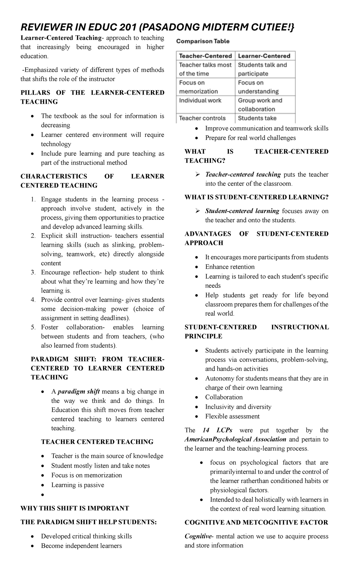 REVIEWER IN EDUC 201 (PASADONG MIDTERM): Learner-Centered Teaching ...